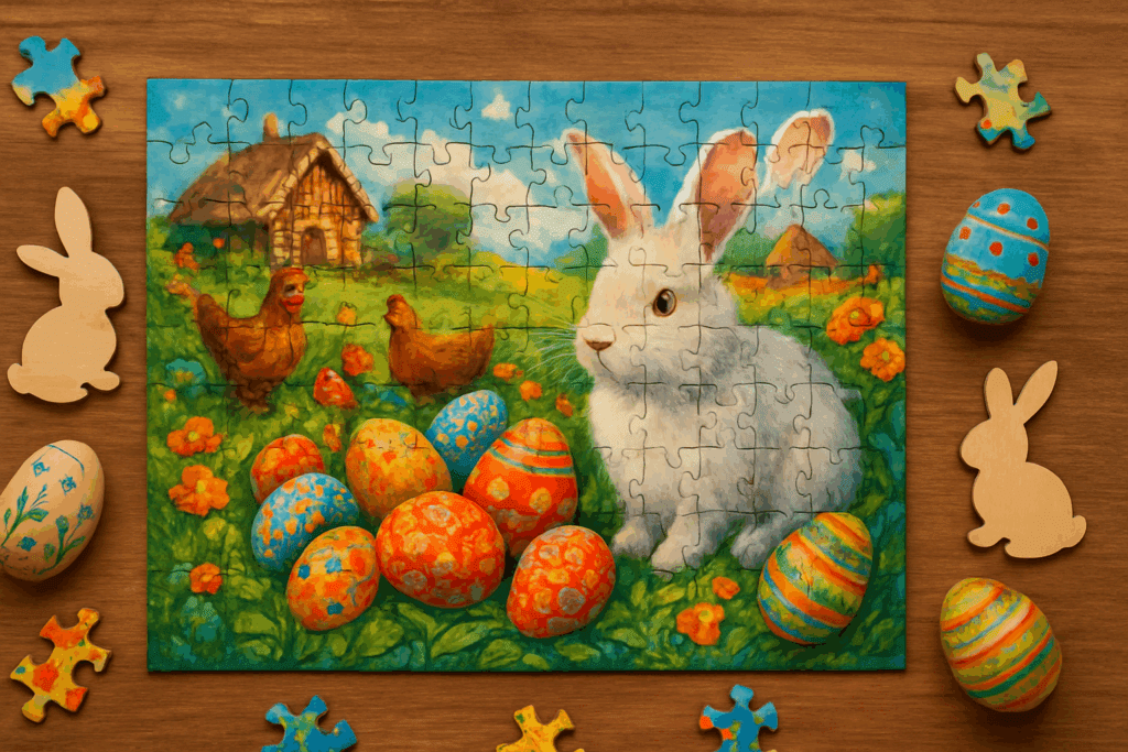 Puzzle de Pâques : bois, humour et œufs